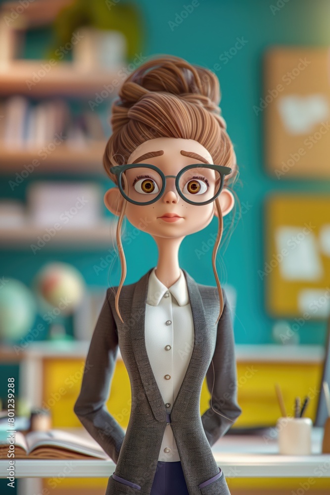 Vibrant cartoon businesswoman standing and looking at camera in her ...
