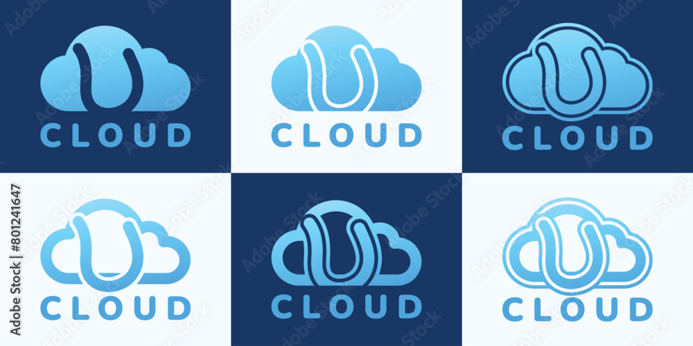 Set of letter U blue cloud logo. This logo combines letters and cloud ...