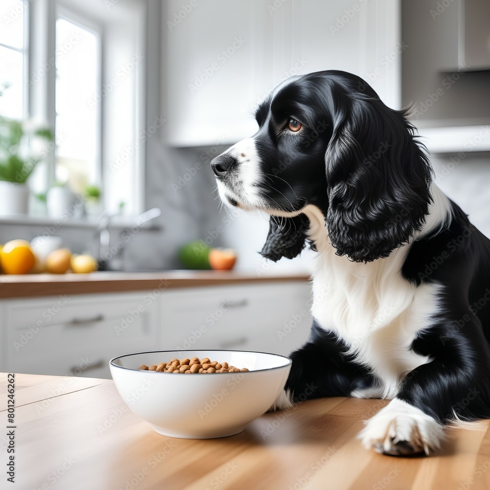 English Springer Spaniel is lying down on the floor next to a bowl of ...