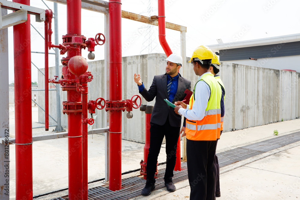 Engineers check fire extinguishing system valves in buildings and ...