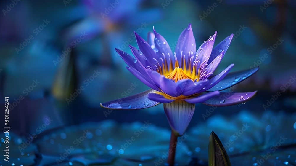 Vibrant water lily, deep blue pond background, nature photography ...
