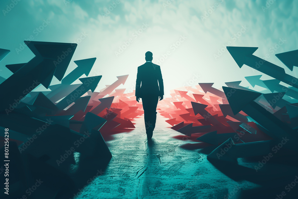 Silhouetted businessman walking towards a fork in the road with ...