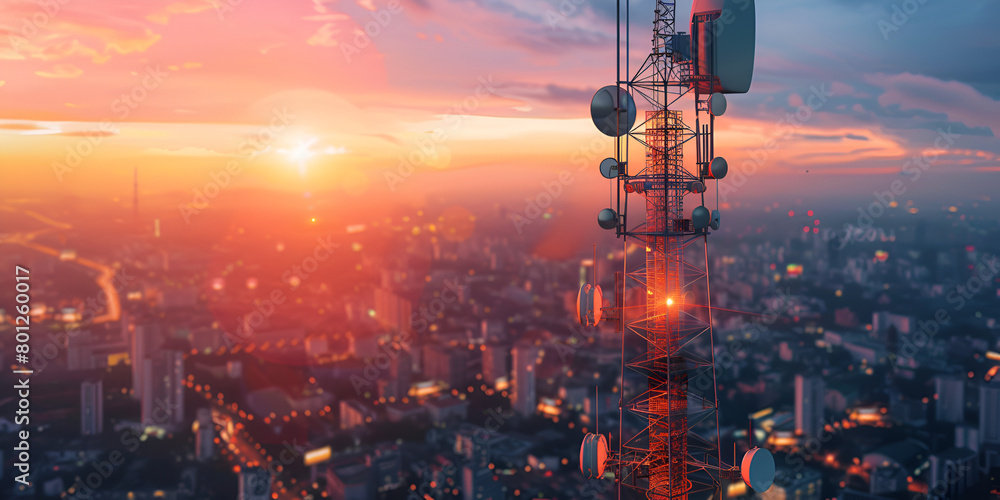 Telecommunication tower with 5G cellular network antenna on city background Stock Illustration ...