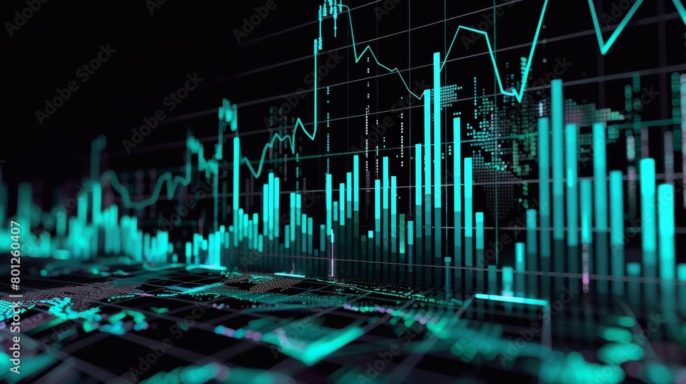 Dynamic display of digital trading chart with glowing blue candlesticks ...