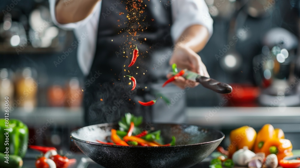 A chef cooking Thai cuisine in a modern kitchen, sprinkling ground ...