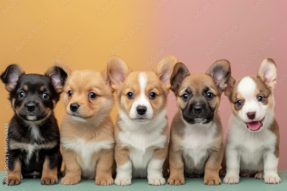 Five adorable puppies of different breeds sitting in a row against a ...