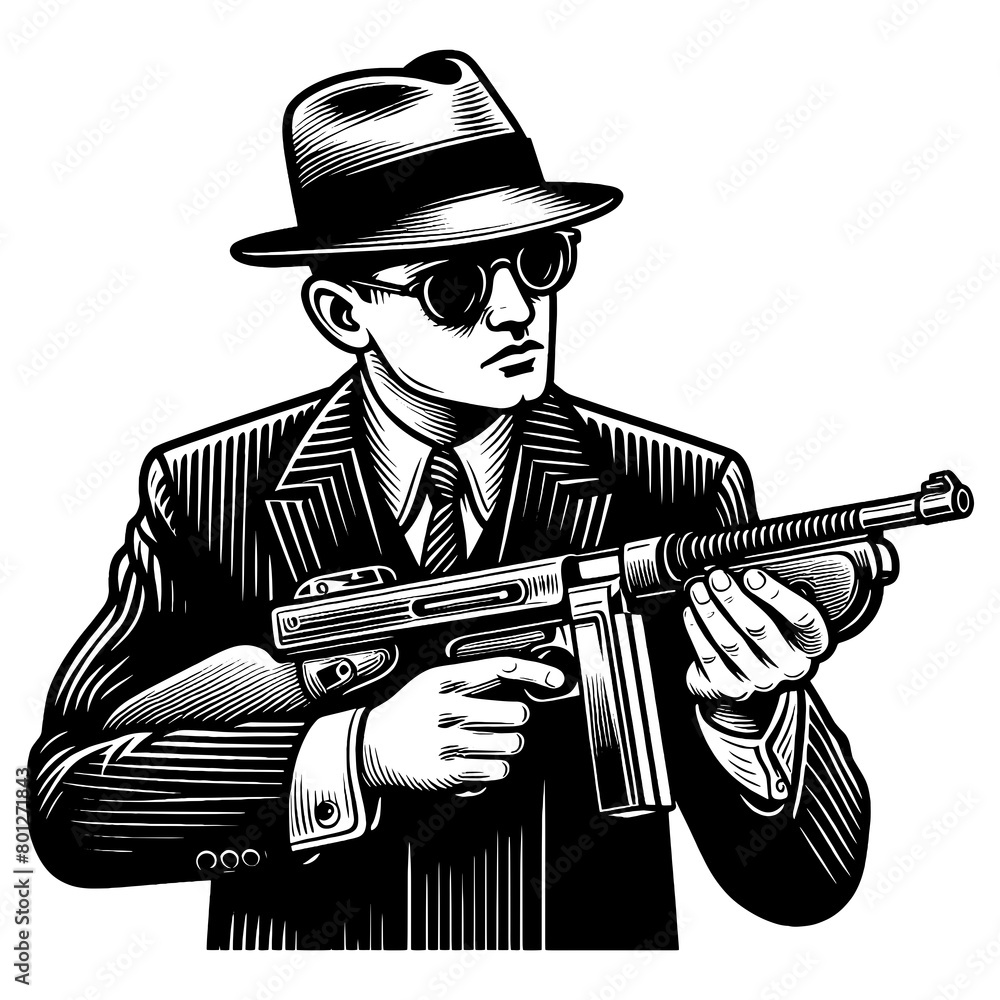 1920s gangster in pinstripe suit, wielding Tommy gun exuding classic ...