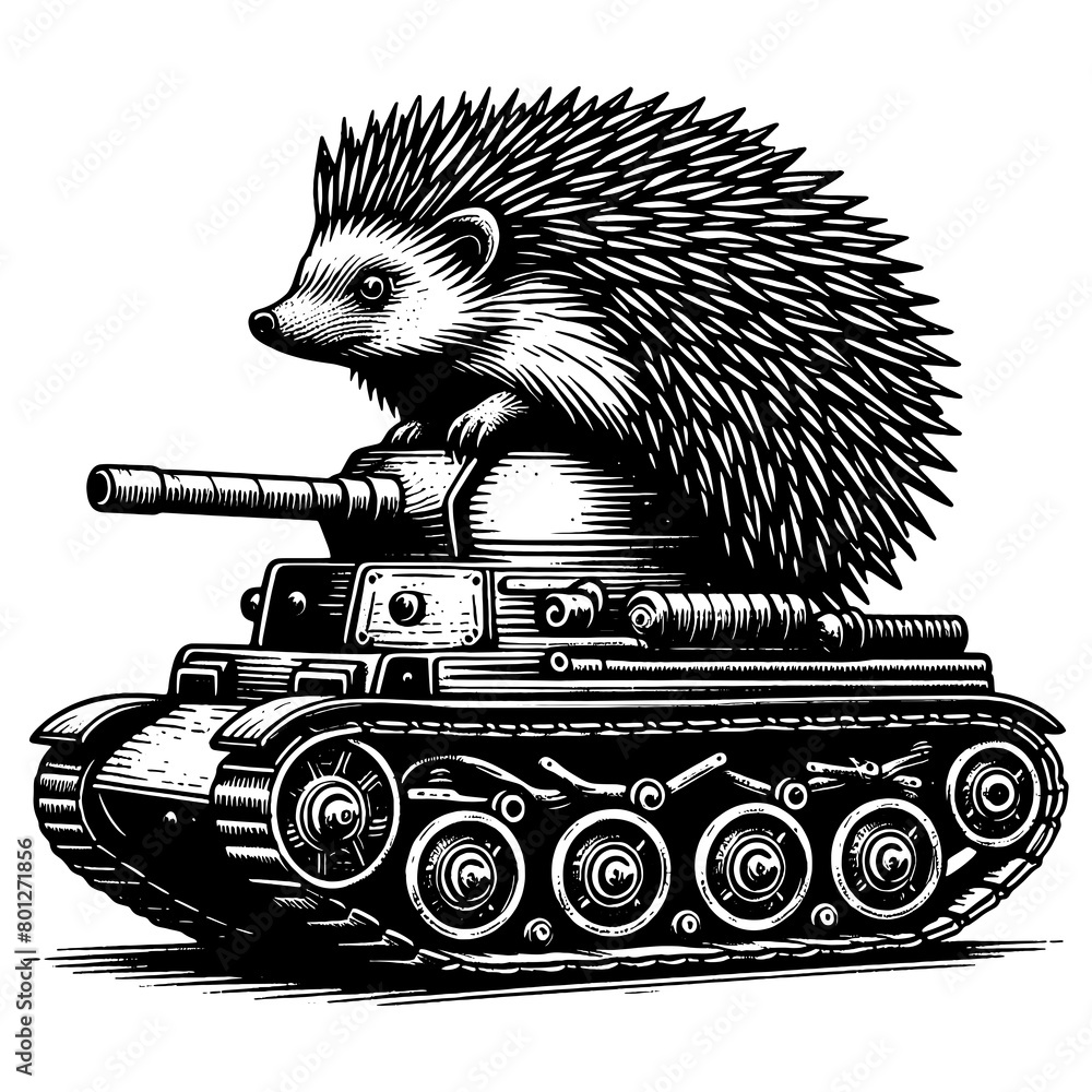 hedgehog driving a classic military tank, blending nature and machinery ...