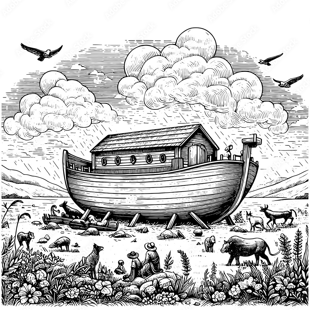 Noah Ark, a biblical boat ship vessel, resting on water with two doves ...