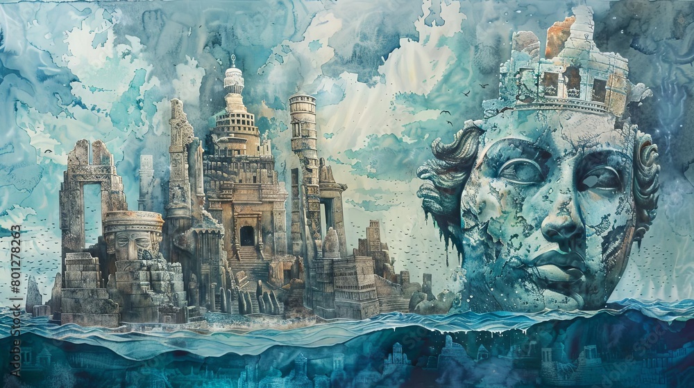 ancient ruins of atlantis, featuring a blue castle and a face with a ...