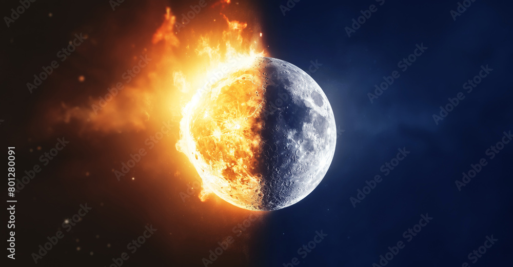 Sun and moon. Contrasting elements concept art. Good and evil. yin and ...