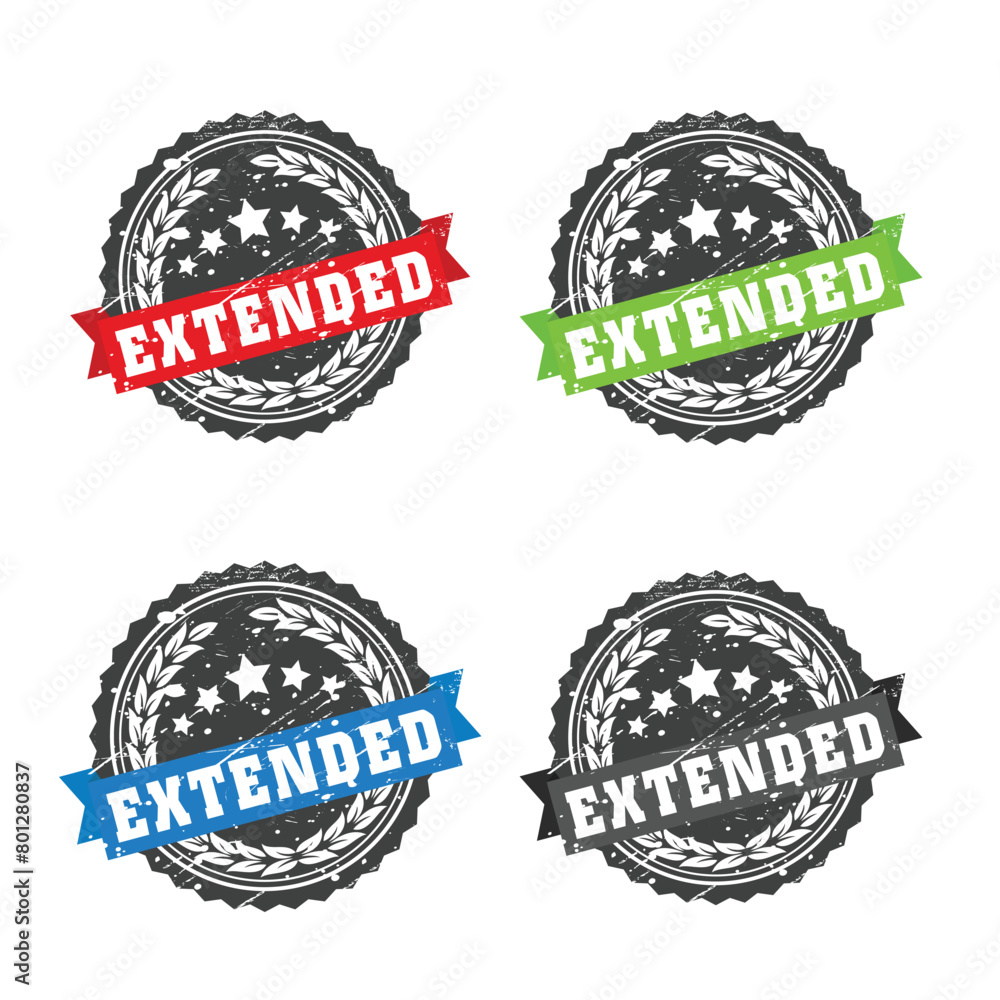 Set extended stamp in rubber style, red round grunge extended sign ...