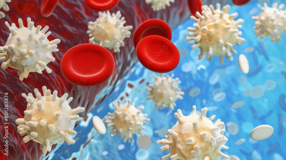 3D illustration of white blood cells attacking virus in blood vessel ...