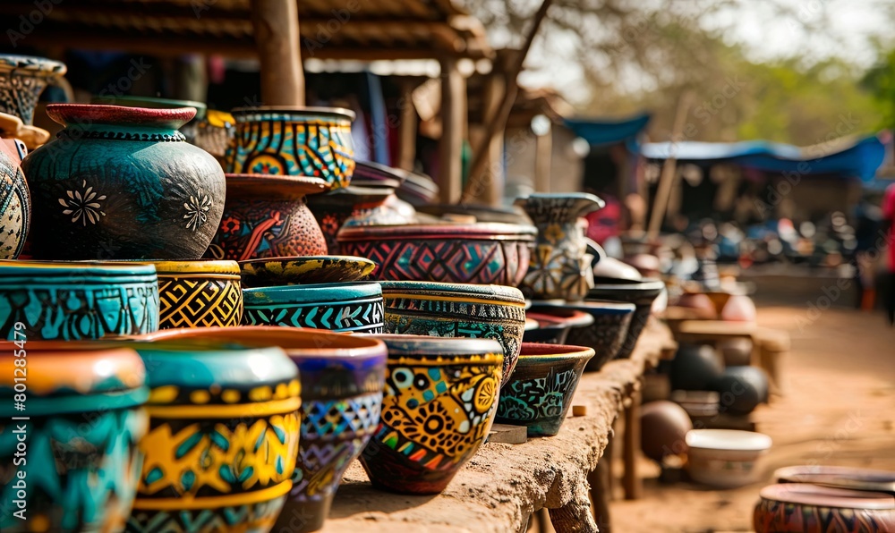 Traditional African pottery in various patterns and colors is piled up ...