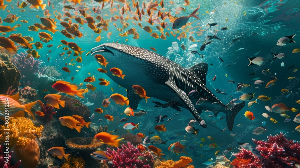 A school of colorful fish swimming alongside a whale shark, forming a ...