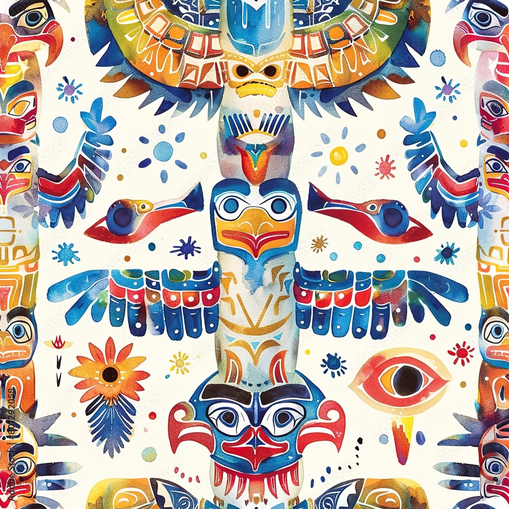 Totem poles and spirit animals, totemic boho watercolor, seamless ...