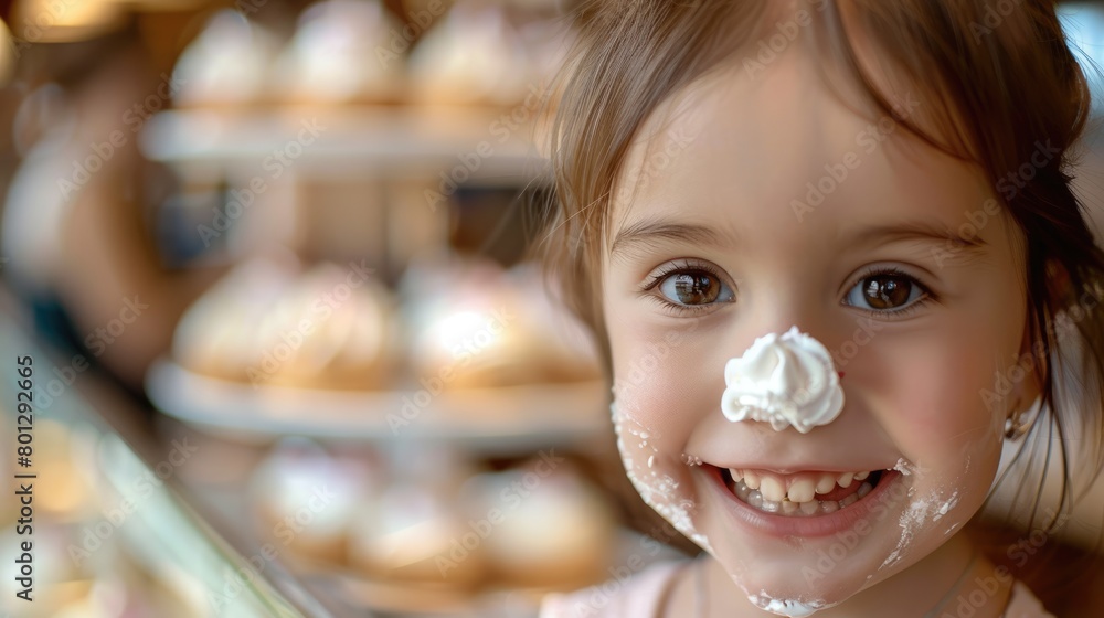The little girls face is covered in frosting, with a smile on her mouth ...