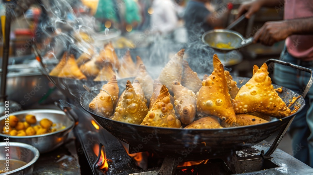 A street food vendor frying batches of samosas in a large wok at a ...