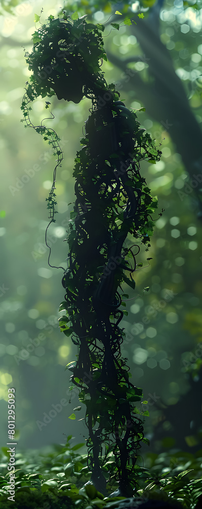 The photo shows a tall, slender man standing in a forest. She is ...