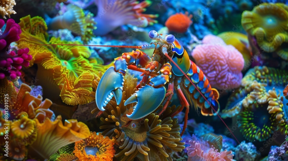 An underwater scene featuring a peacock mantis shrimp amidst colorful ...
