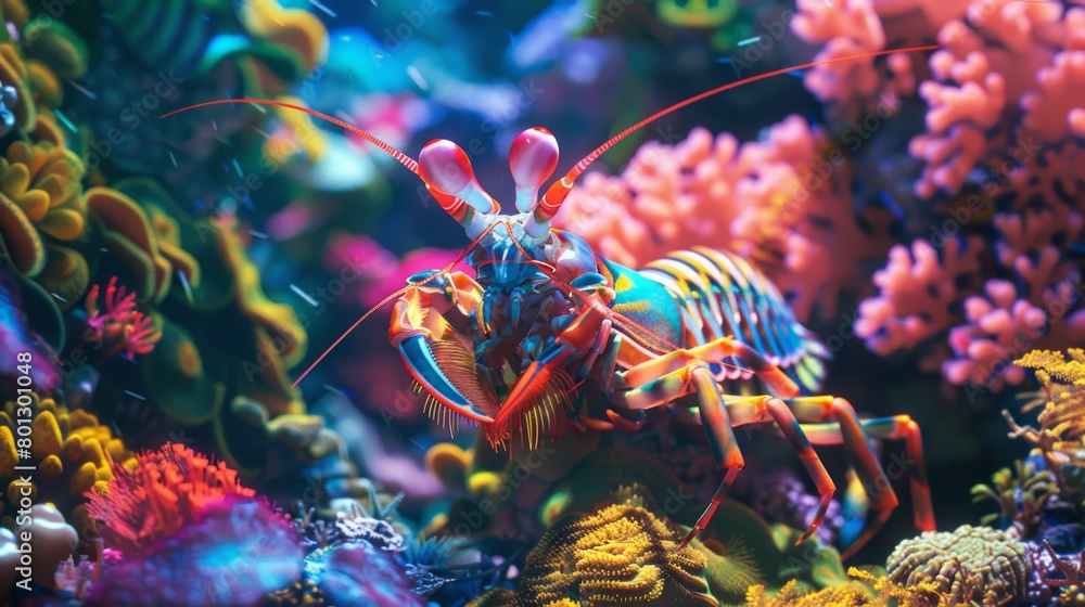 An underwater scene featuring a peacock mantis shrimp amidst colorful ...