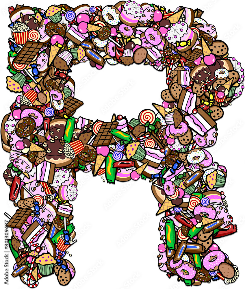 Buchstabe R zusammengesetzt aus vielen bunten Süßigkeiten Stock ...