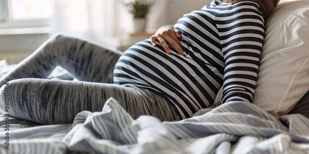 Health and wellbeing to relax, break, and touch tummy, pregnant woman ...