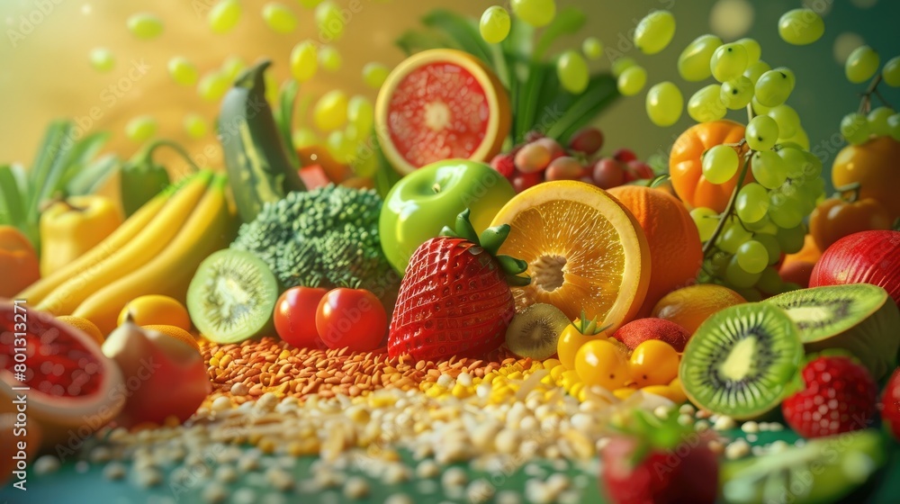 Vibrant 3D illustration of a colorful array of fruits, vegetables, and ...