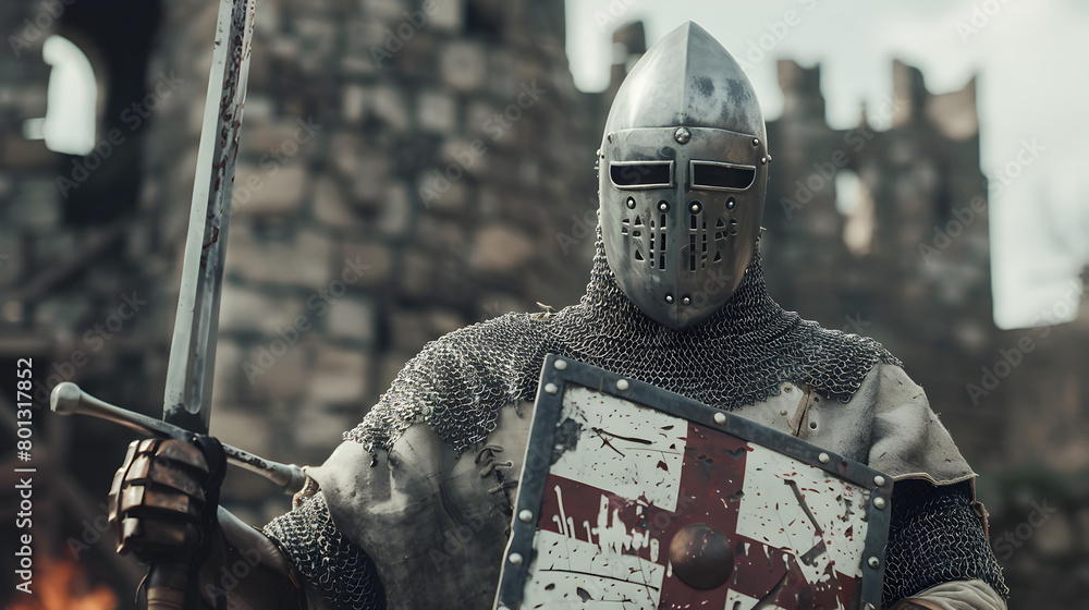 An epic shot of a Medieval crusader in chainmail, holding a broadsword ...