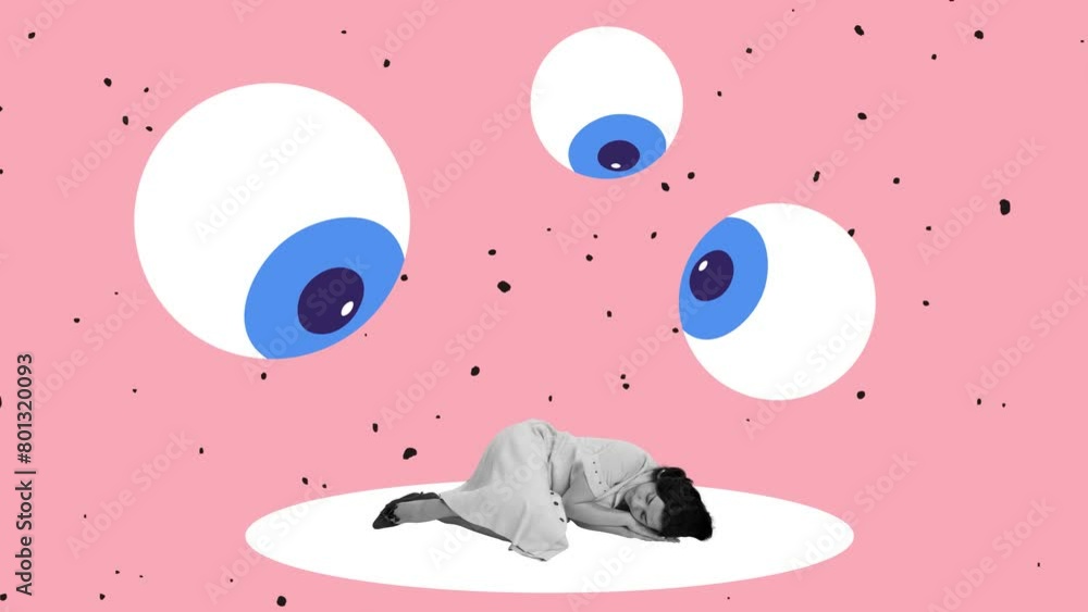 Stop motion, animation. Desperate sad woman lying under many eyes ...