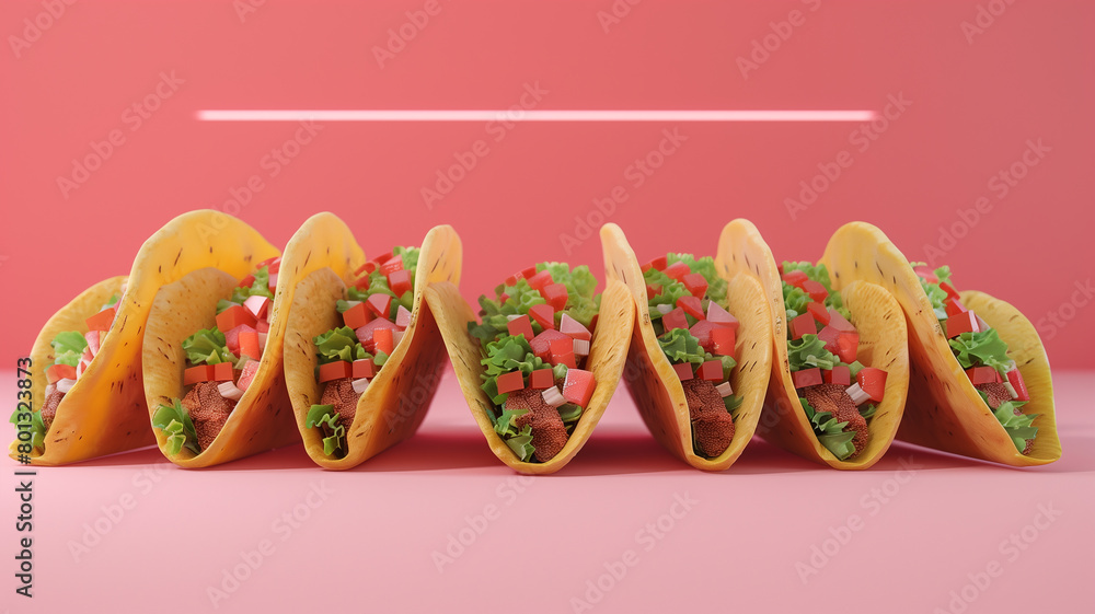 3D minimalist tacos arranged in a neat row on a simple, clean ...