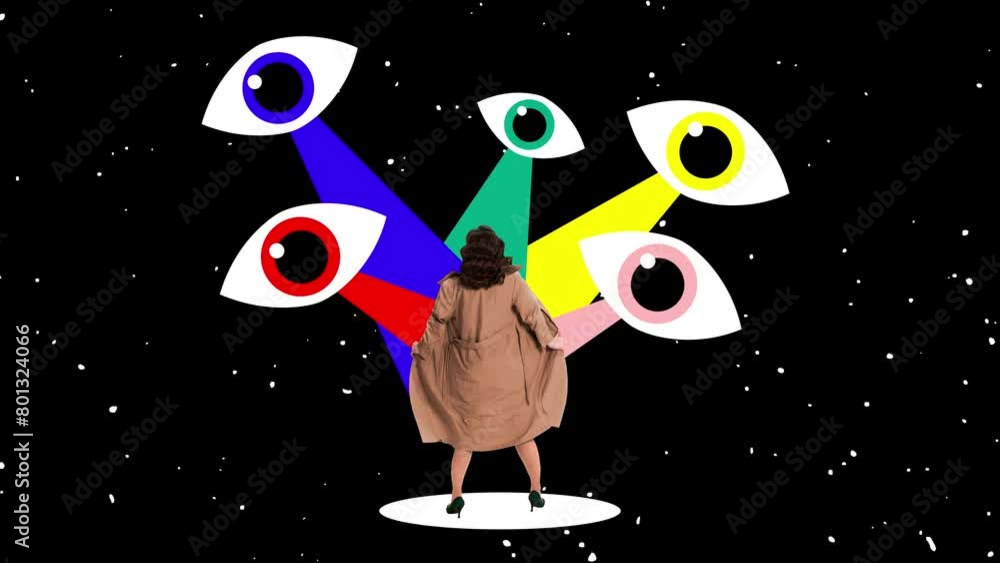 Stop motion, animation. Young woman standing under many eyes looking ...