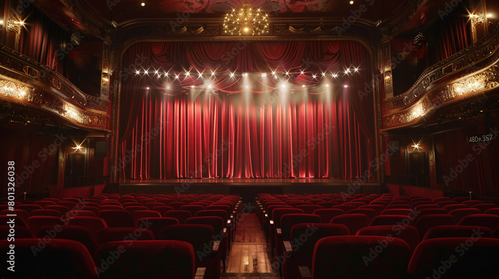 The theater stage with red velvet curtains and seats for the audience ...