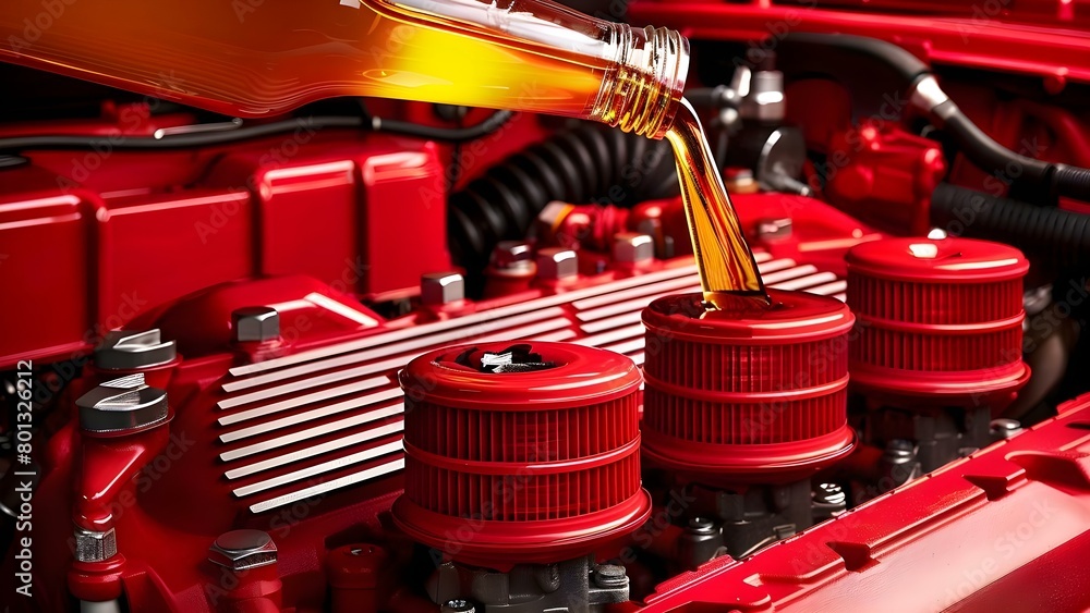 Closeup photo of engine oil being poured into car engine showing ...