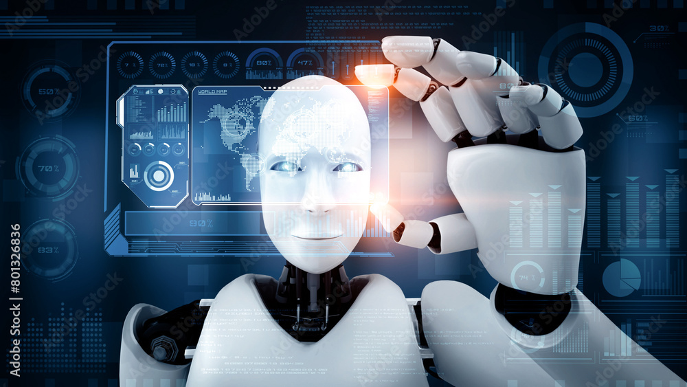 MLP 3d illustration Robot hominoid hold HUD hologram screen in concept ...