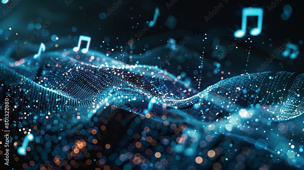 closeupA dynamic wireframe mesh composition of musical notes and sound ...