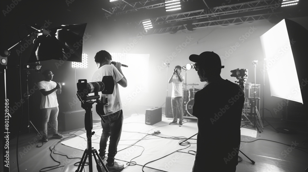 Behind the Scenes of a Music Video Production. Monochrome image of a ...