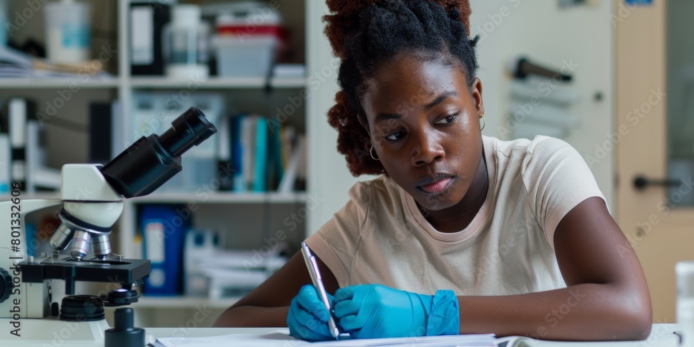 One mixed-race scientist with curly hair wearing safety gear writes ...