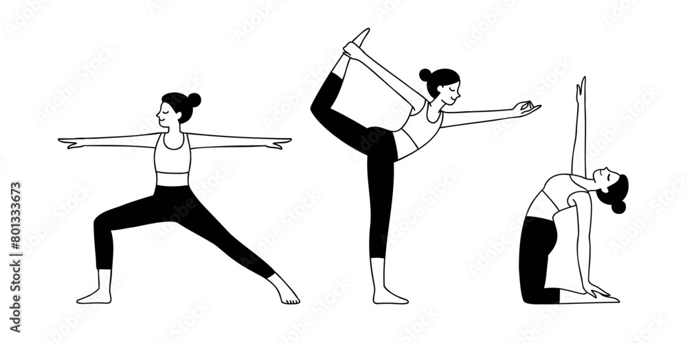 Vector illustration set of women practicing yoga, stretching in ...