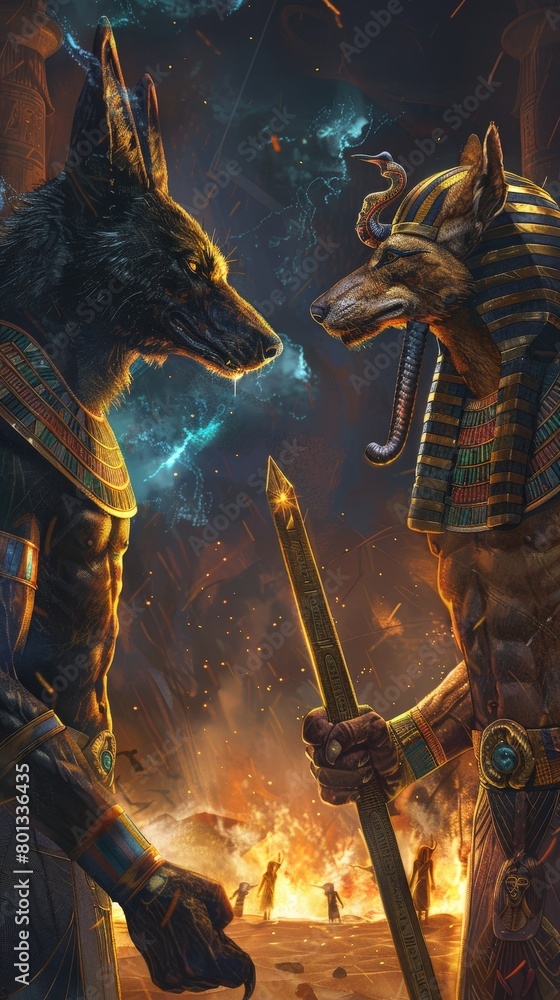 An epic confrontation between Anubis and Ra, Egyptian gods of the ...
