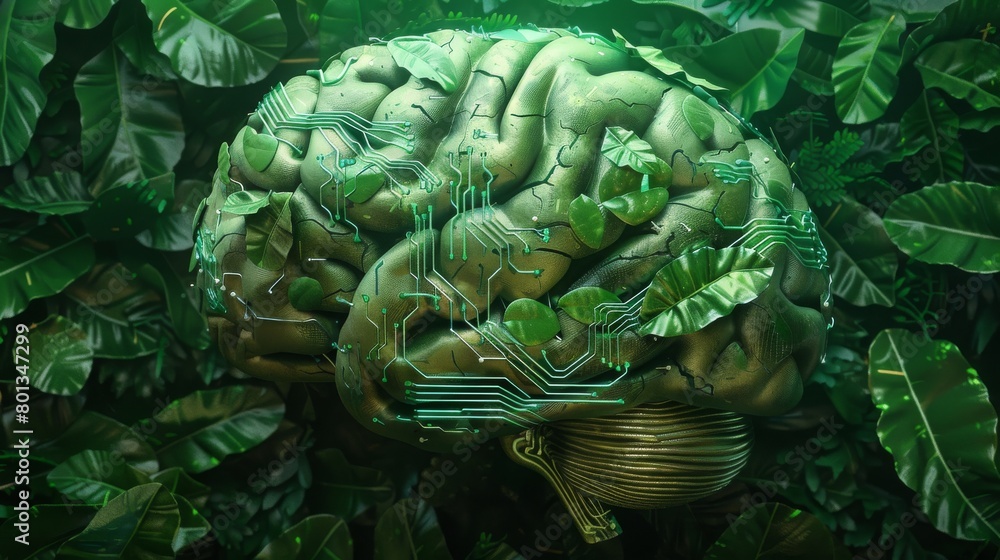 Digital human brain enveloped by foliage, visualizing the concept of ...