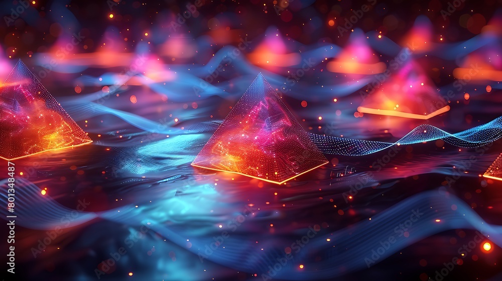 Illustrate an energetic scene of floating holographic triangles ...