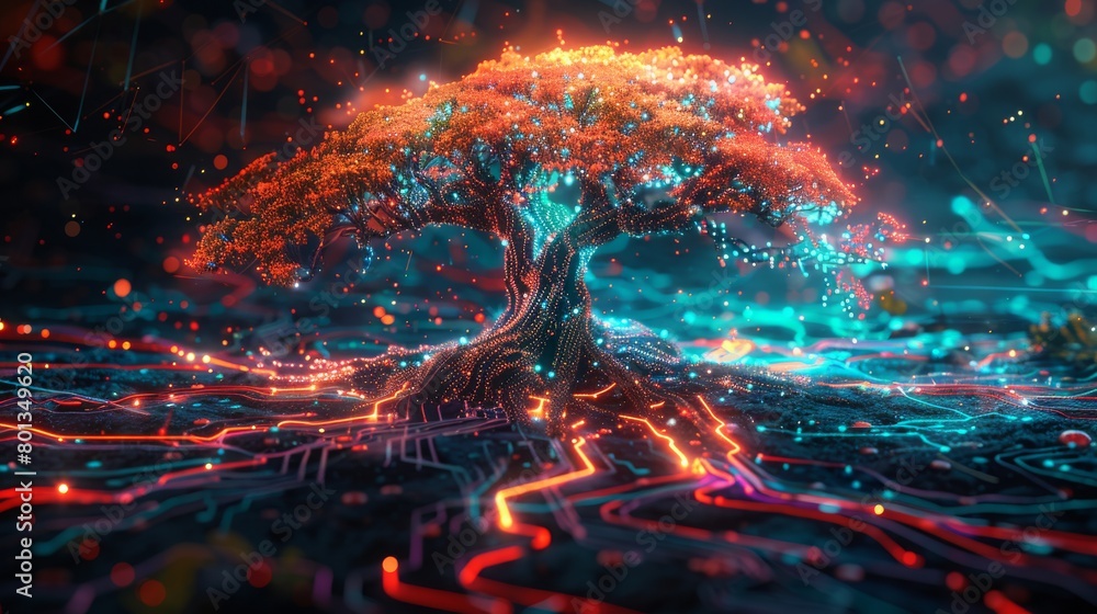 Vibrant digital tree with dynamic roots in a vivid matrix, symbolizing ...