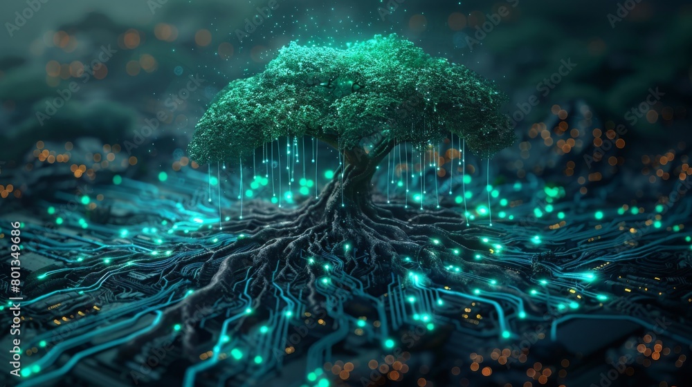 Fantastical bonsai tree embedded in a digital terrain, symbolizing the ...