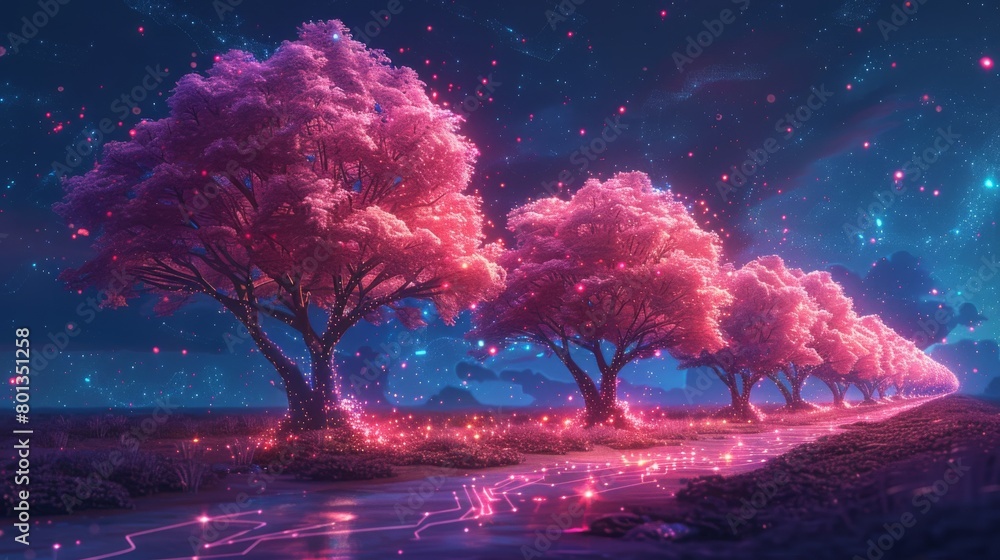 Row of sparkling fantasy trees under a starlit sky with a winding ...