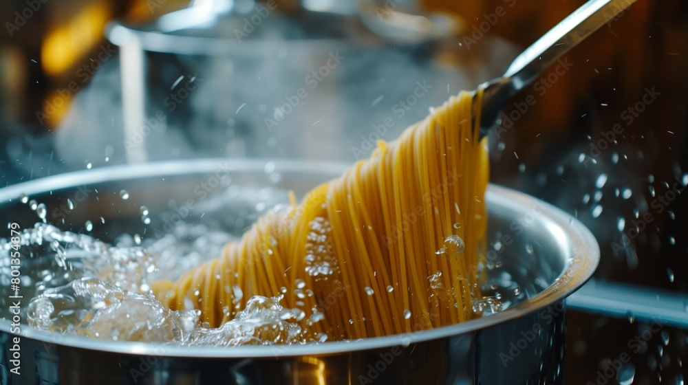 Lifting spaghetti from a boiling pot with a fork, steam and water ...