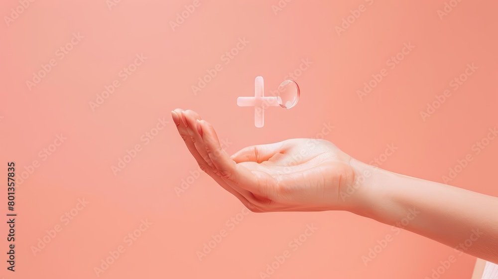 A translucent plus sign levitates above an open hand. The hand and plus ...