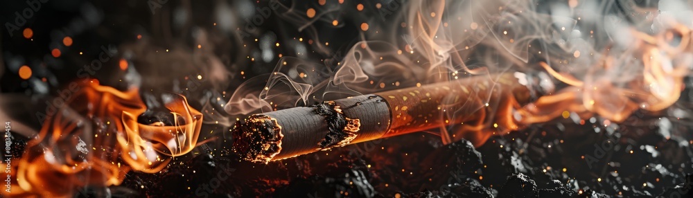 A photorealistic closeup of a cigarette burning down to ash, with wisps ...