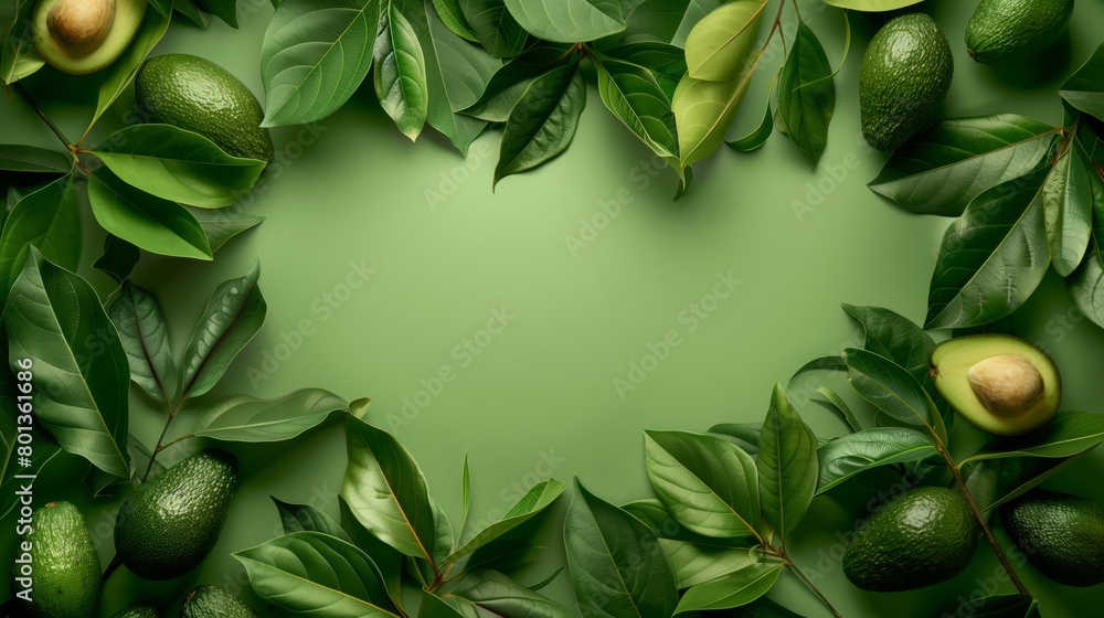 Lush green frame of avocado fruits and leaves on a vivid green ...