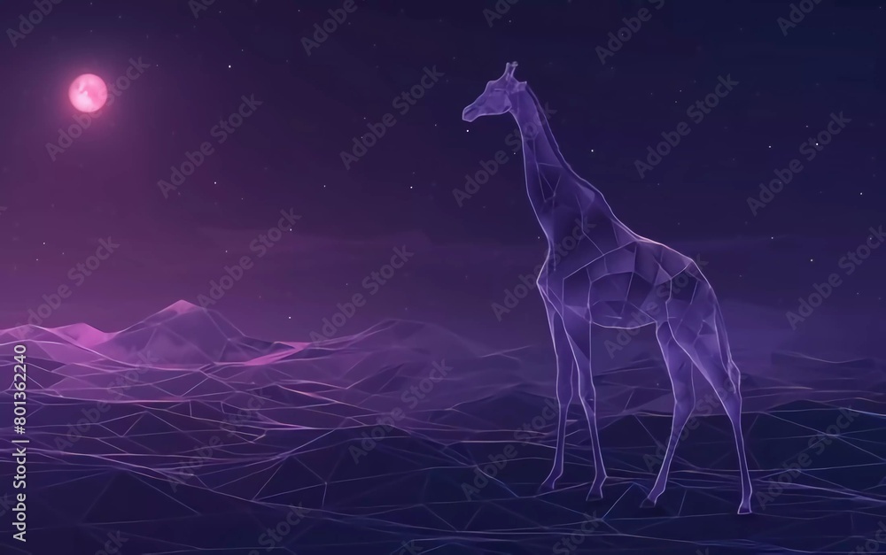 Abstract night giraffe digital landscape. Digital low poly wireframe ...